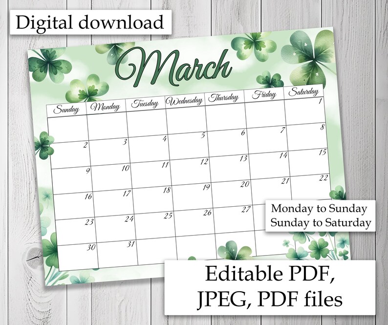 EDITABLE March 2026 Calendar, Spring Calendar, Clover Calendar ...
