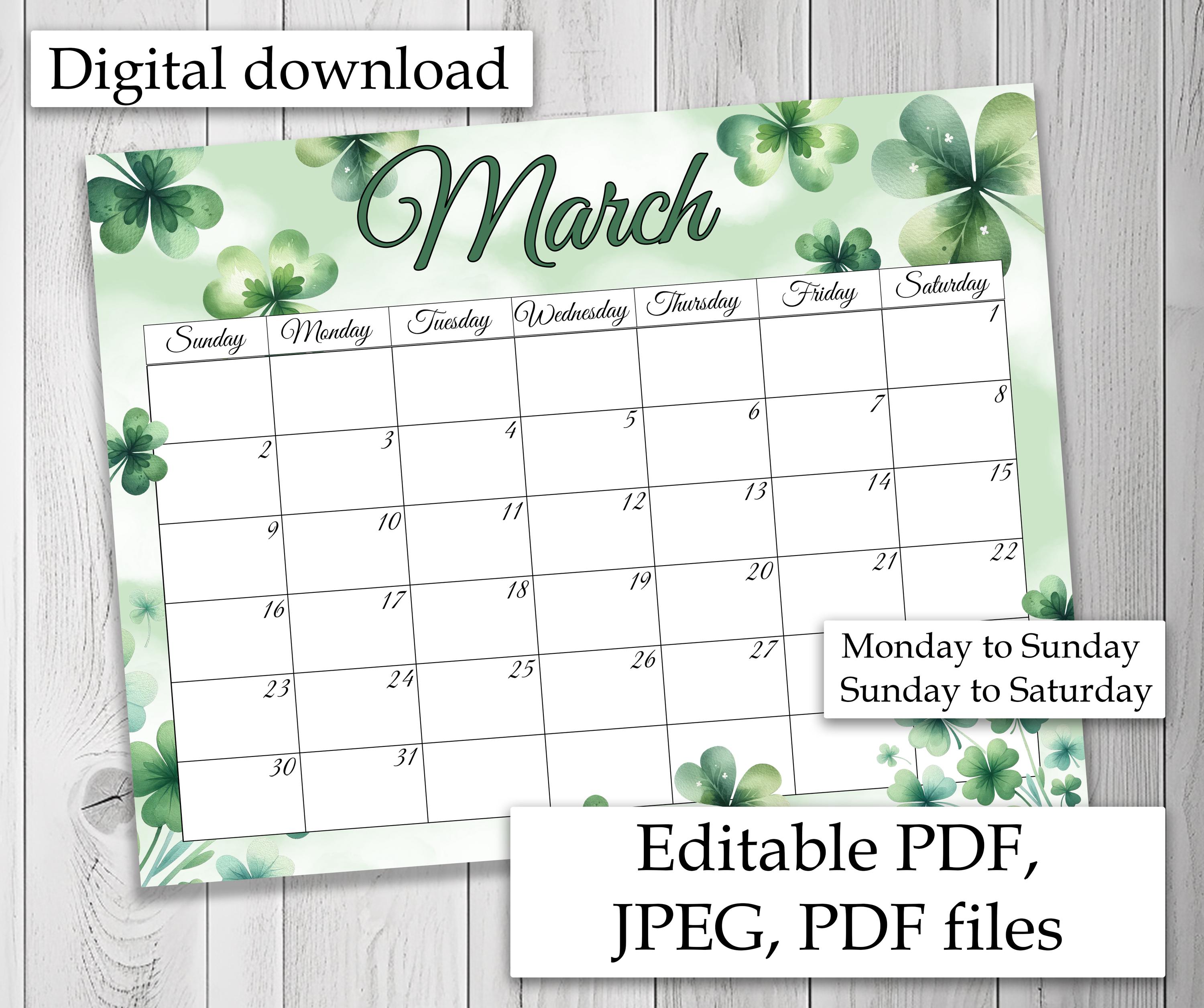 EDITABLE March 2026 Calendar, Spring Calendar, Clover Calendar ...