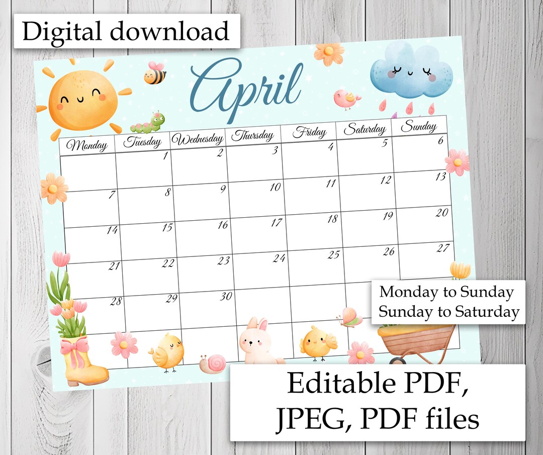 EDITABLE April 2025 Calendar, Spring Calendar, Sun Calendar, Easter ...