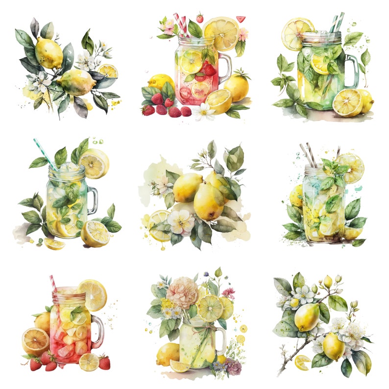 Watercolor Lemonade Clipart, Drinks Clipart, Summer Clipart, Lemon ...