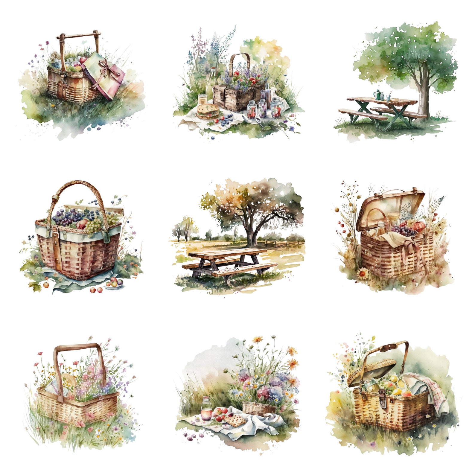 Picnic Clipart, Watercolor Picnic Clipart, Spring Field Clipart, Flower ...