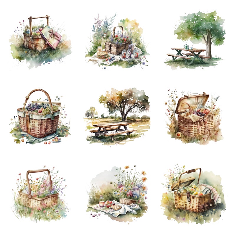 Picnic Clipart, Watercolor Picnic Clipart, Spring Field Clipart, Flower ...