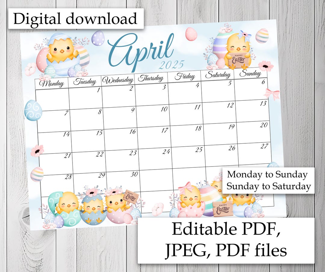 EDITABLE April 2025 Calendar, Spring Calendar, Chick Calendar, Easter ...