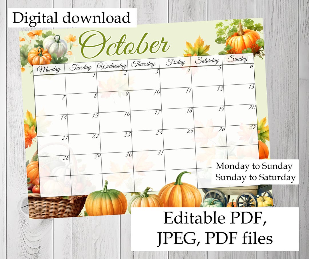 EDITABLE October 2024 Calendar, Pumpkin Calendar, Fillable Calendar ...