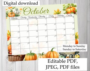 EDITABLE October 2024 Calendar, Autumn Calendar, Fillable Calendar ...