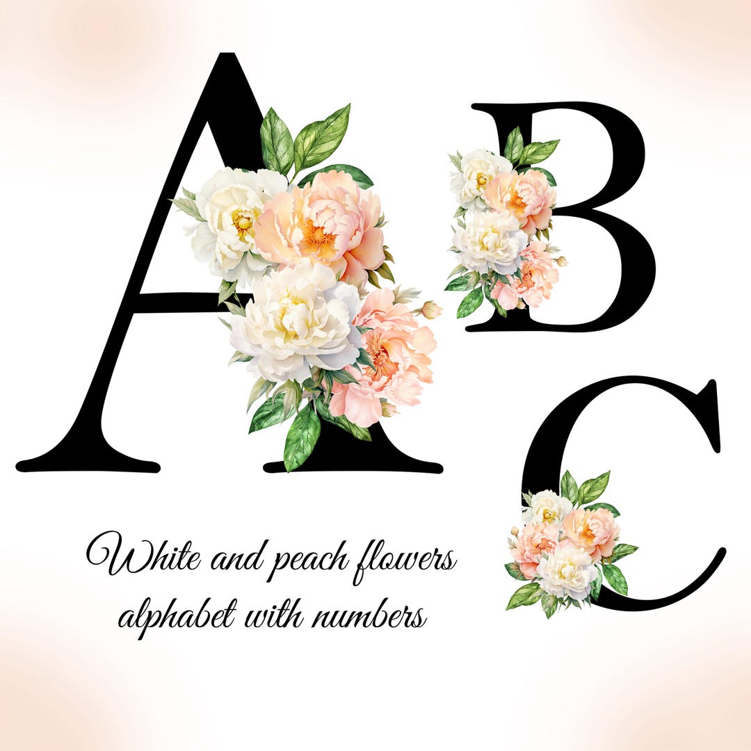 Floral Alphabet Clipart, White and Peach Flowers Alphabet, Alphabet PNG ...