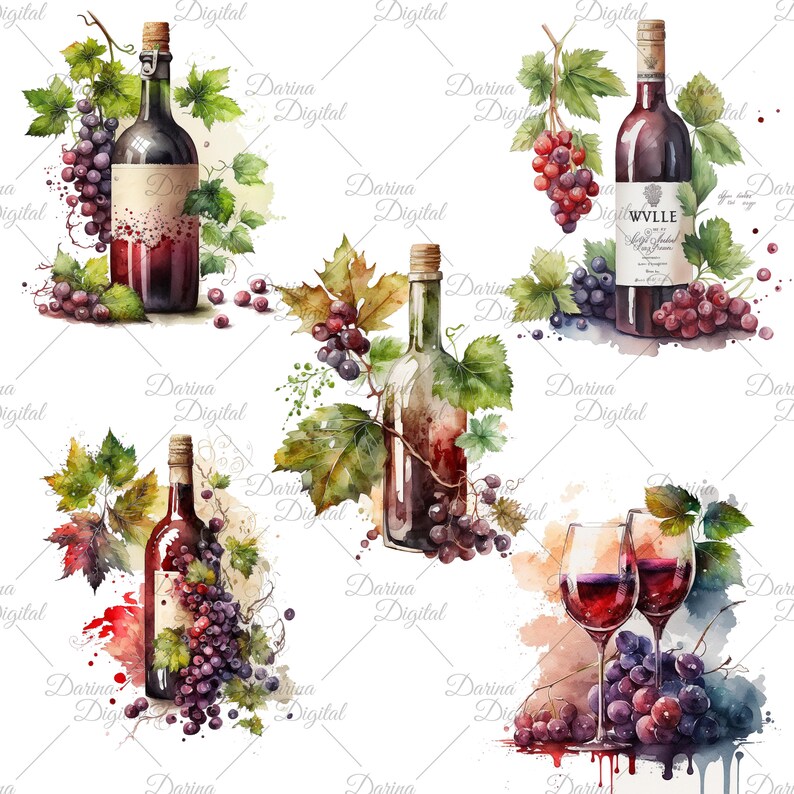 Watercolor Wine Clipart, Wine and Cheese Clipart, Wine Illustration ...