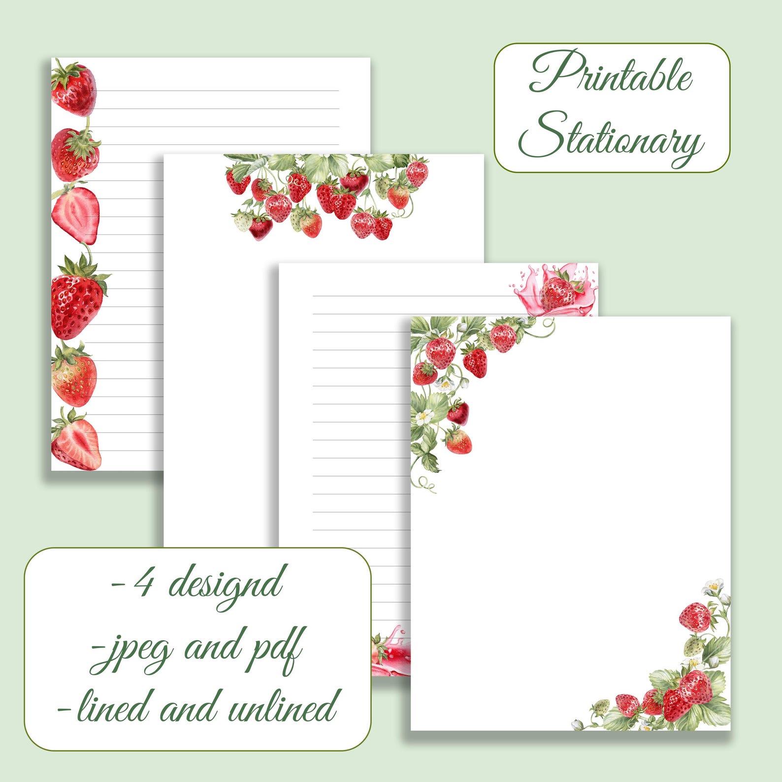 Strawberry Printable Stationary, Strawberry Stationary, Writing Paper, Letter Paper, Lined ...