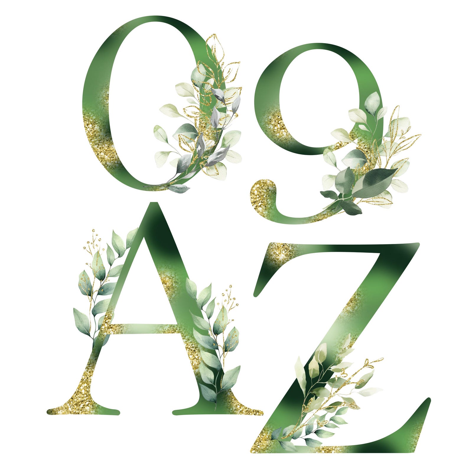 Leaves and Gold Alphabet Clipart, Green Flowers Alphabet, Alphabet PNG ...