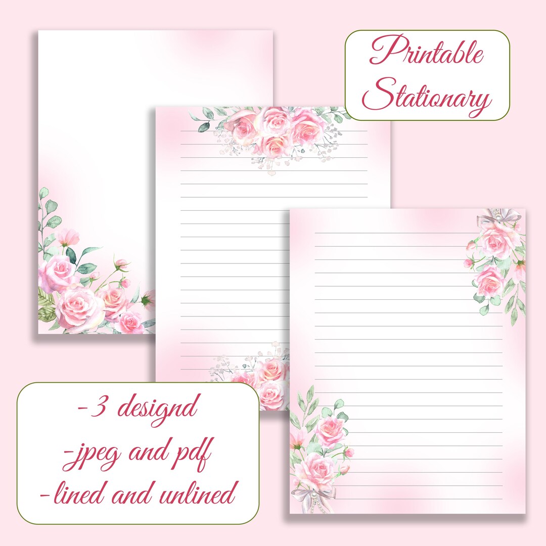 Pink Roses Flower, Printable Stationary, Flower Stationary, Floral ...