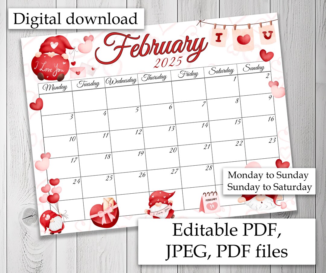 EDITABLE February 2025 Calendar, Love Calendar, Gnome Calendar ...