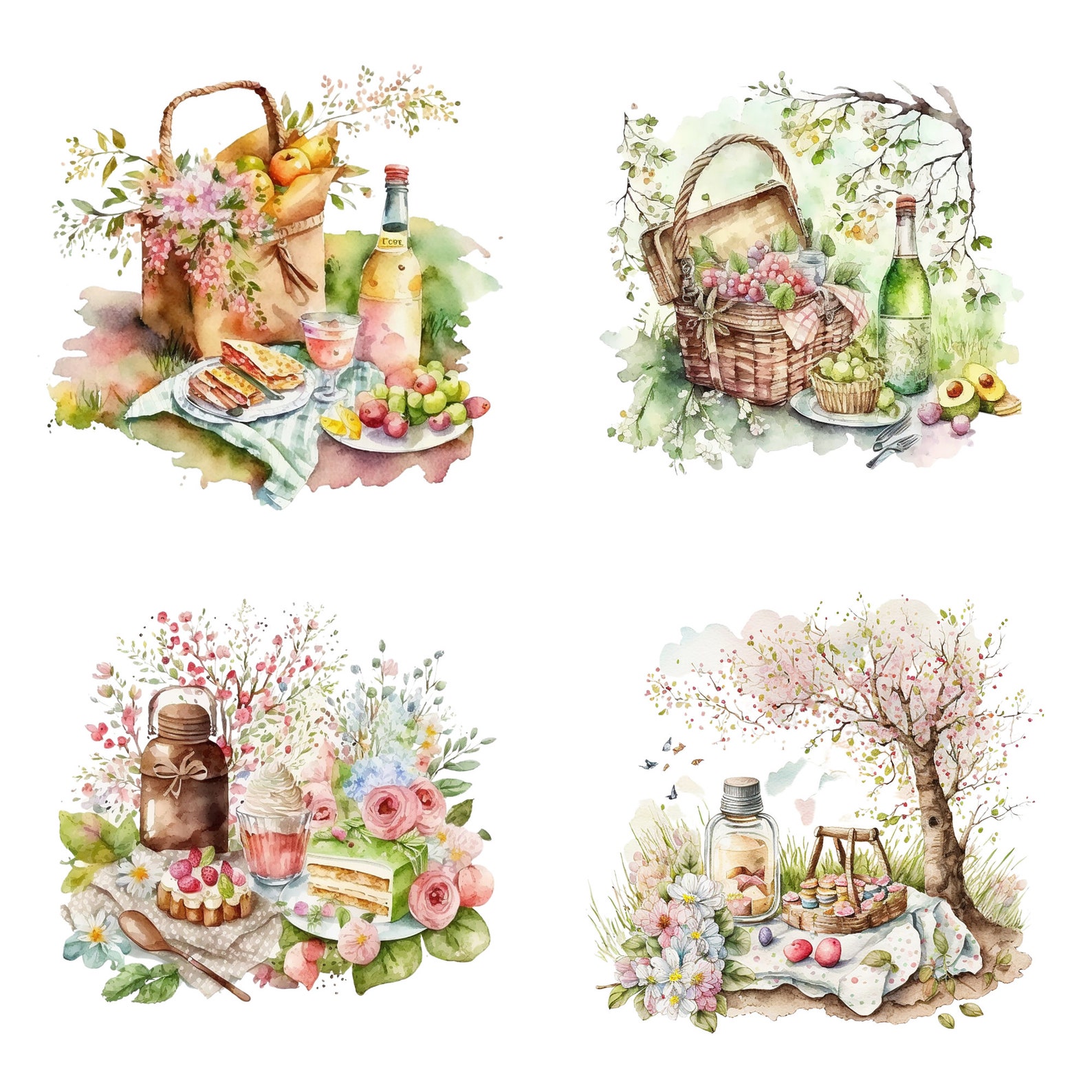 Picnic Clipart, Watercolor Picnic Clipart, Spring Field Clipart, Flower ...