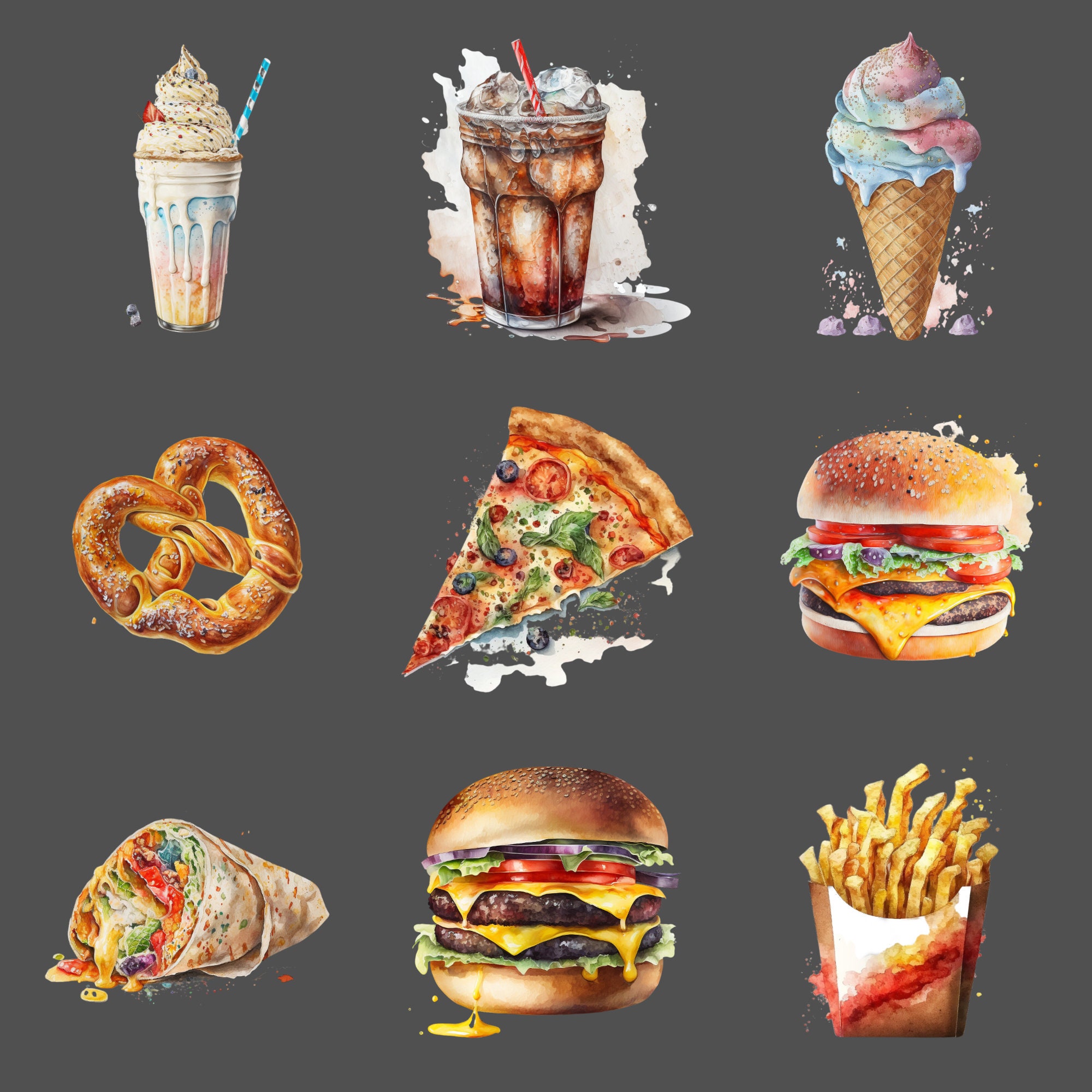 Fast Food Clipart, Watercolor Fast Food Illustration, Hamburger ...