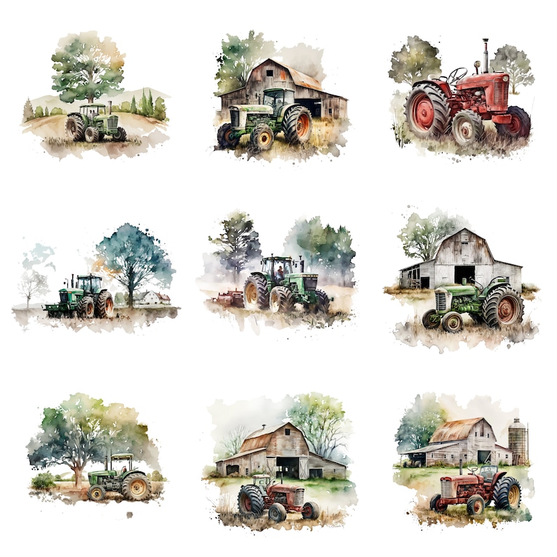 Tractor Clipart, Watercolor Tractor, Watercolor Farm Clipart, Farm ...