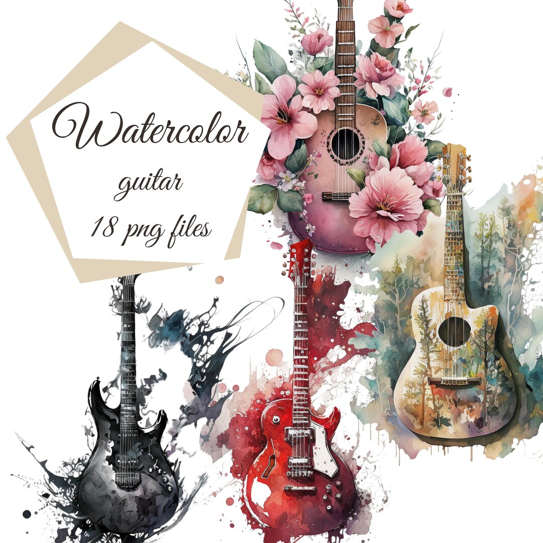 Guitar Clipart, Watercolor Guitar, Guitar Illustration, Flower Guitar ...