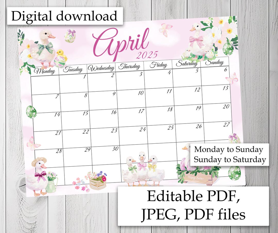 EDITABLE April 2025 Calendar, Spring Calendar, Chick Calendar, Easter ...