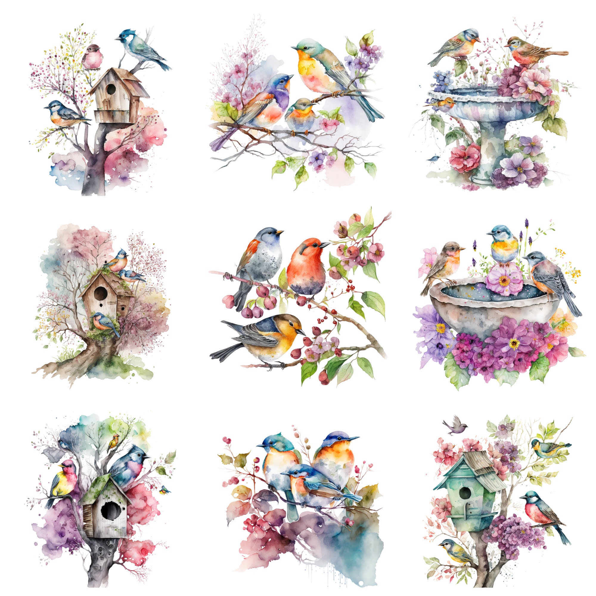 Birds Clipart, Watercolor Birds, Bird House Clipart, Spring Clipart ...