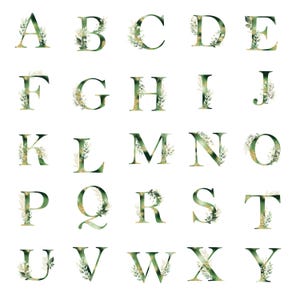 Leaves and Gold Alphabet Clipart, Green Flowers Alphabet, Alphabet PNG ...