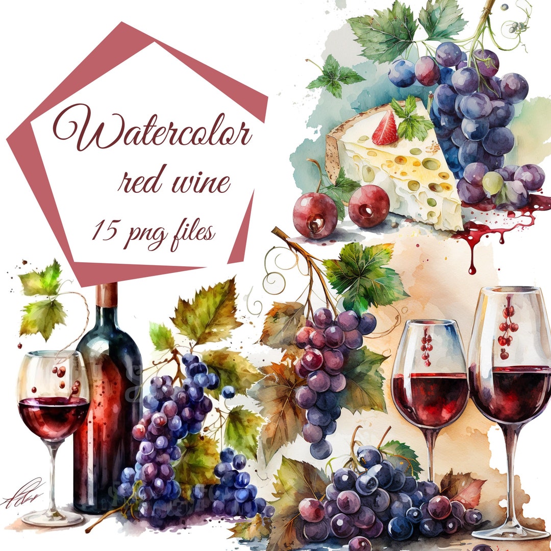Watercolor Wine Clipart, Wine and Cheese Clipart, Wine Illustration ...