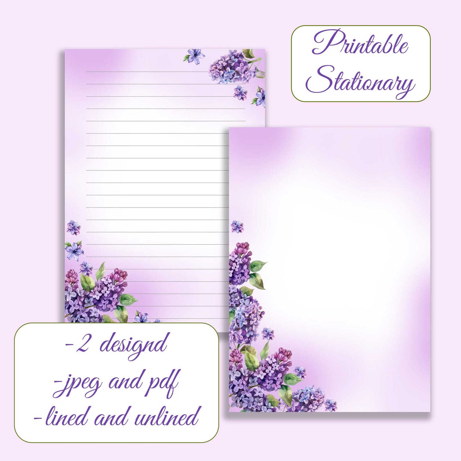 Lilac Flower Stationary, Lilac Printable, Flower Stationary, Floral ...