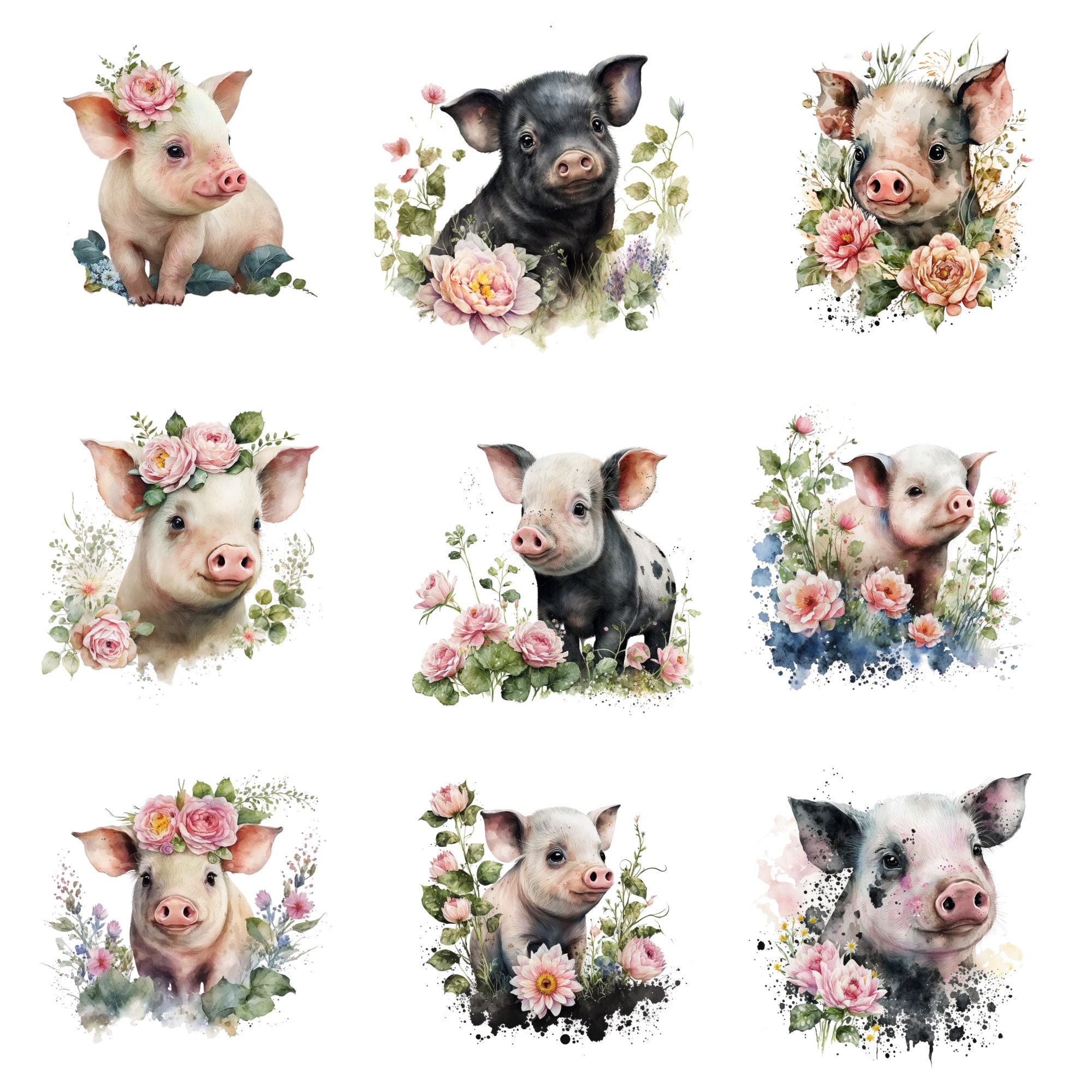 Watercolor Pig Clipart, Cute Pig Clipart,piglet Clipart, Black Pig ...