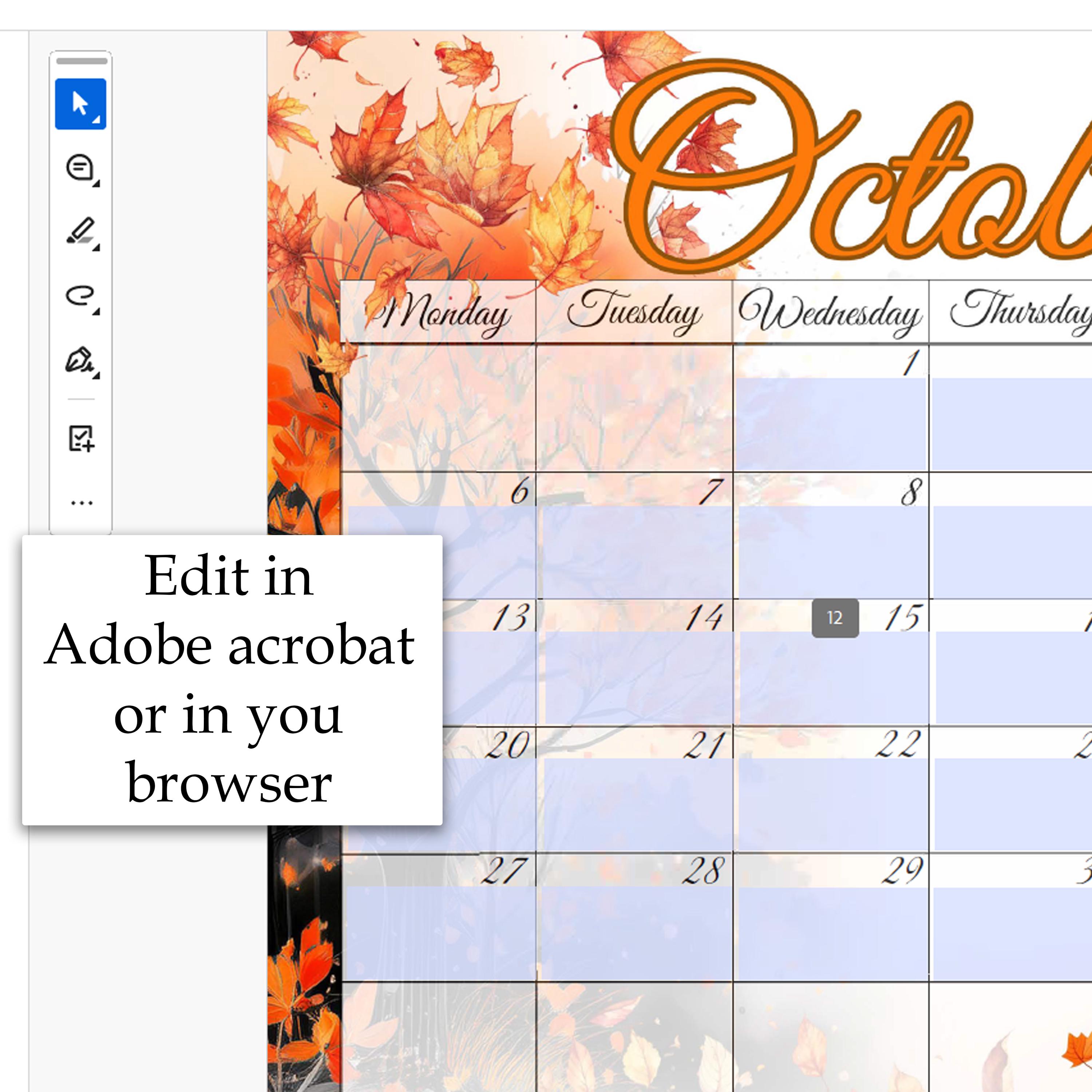 EDITABLE October 2024 Calendar, Autumn Calendar, Fillable Calendar ...