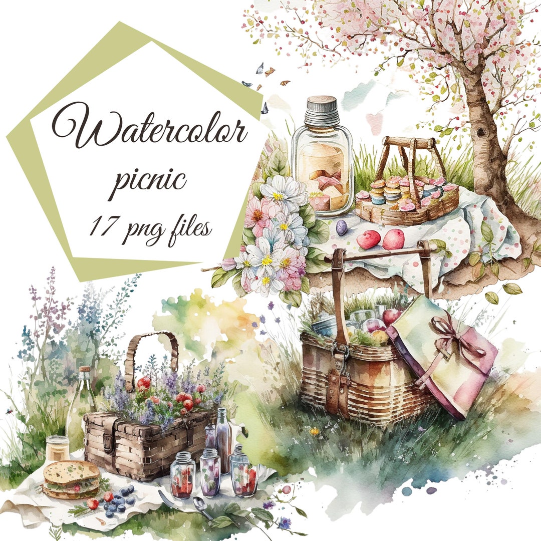 Picnic Clipart, Watercolor Picnic Clipart, Spring Field Clipart, Flower ...