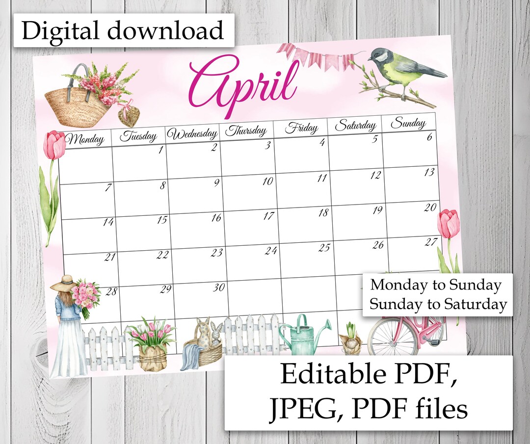 EDITABLE April 2025 Calendar, Spring Calendar, April Calendar, Easter ...