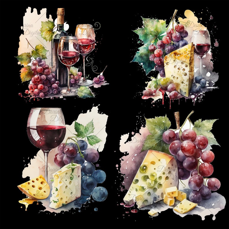 Watercolor Wine Clipart Wine and Cheese Clipart Wine - Etsy