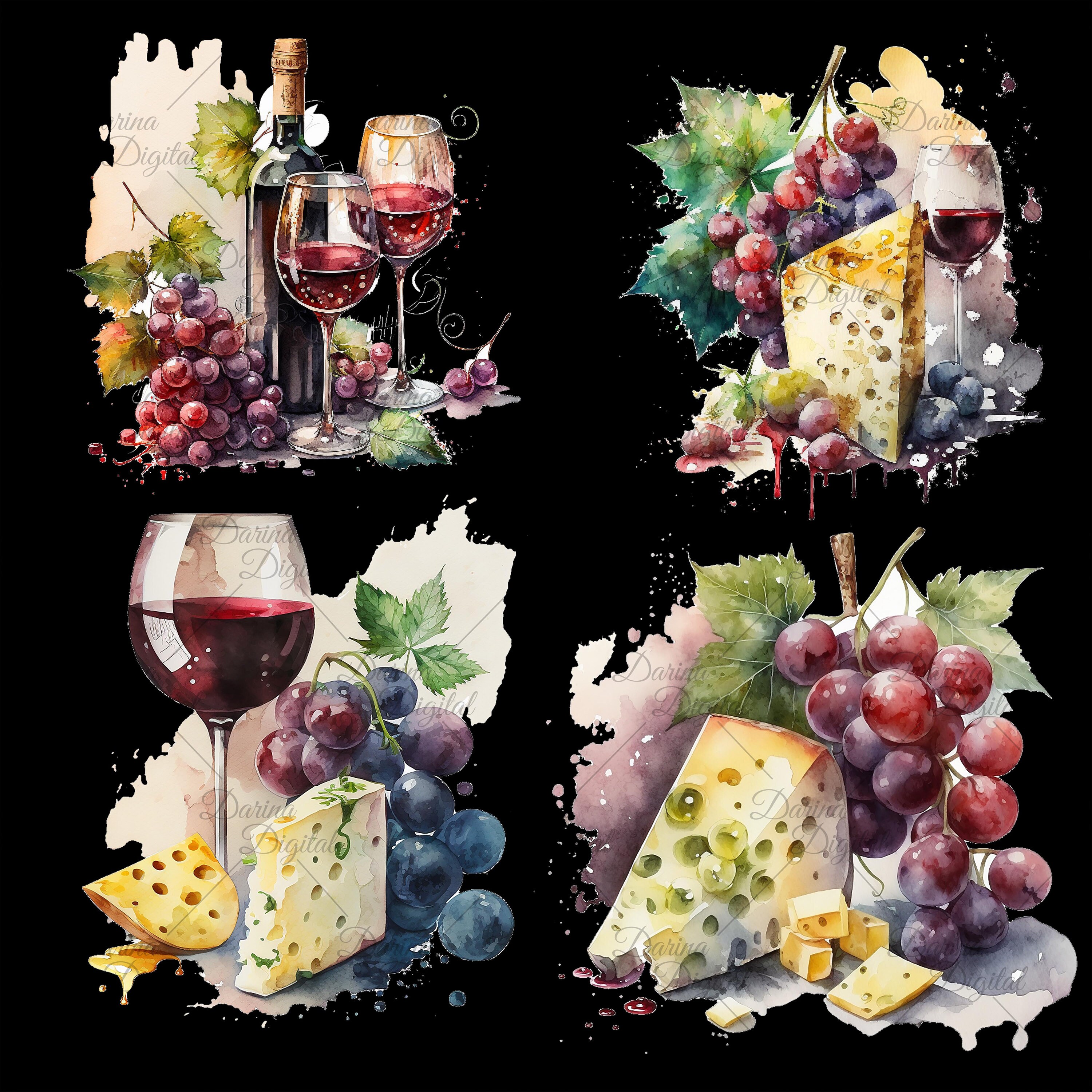 Watercolor Wine Clipart Wine and Cheese Clipart Wine - Etsy