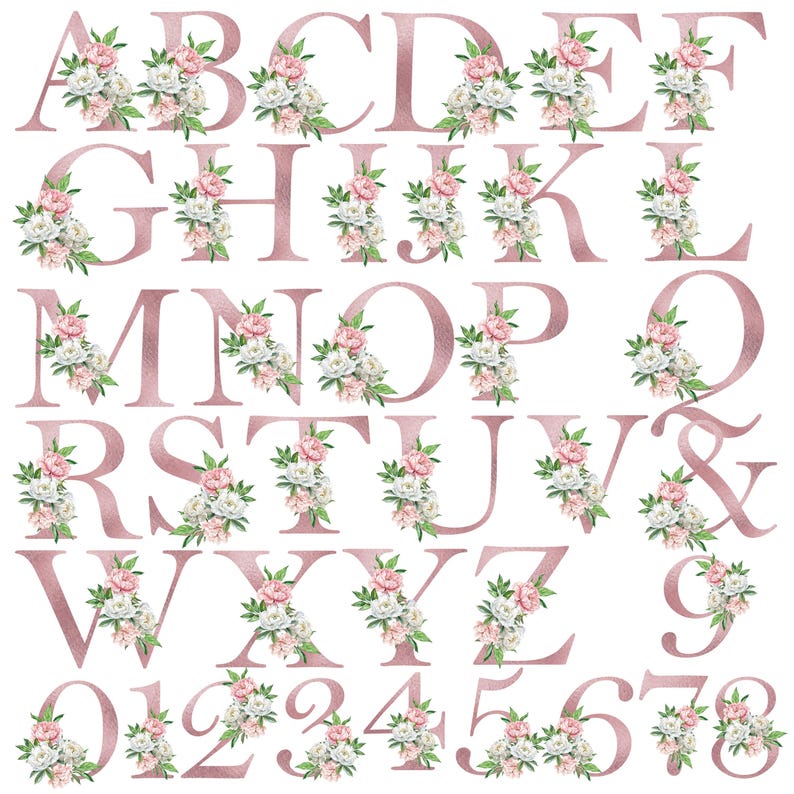 Floral Alphabet Clipart, Rose Gold Flowers Alphabet, Alphabet PNG, Pink ...