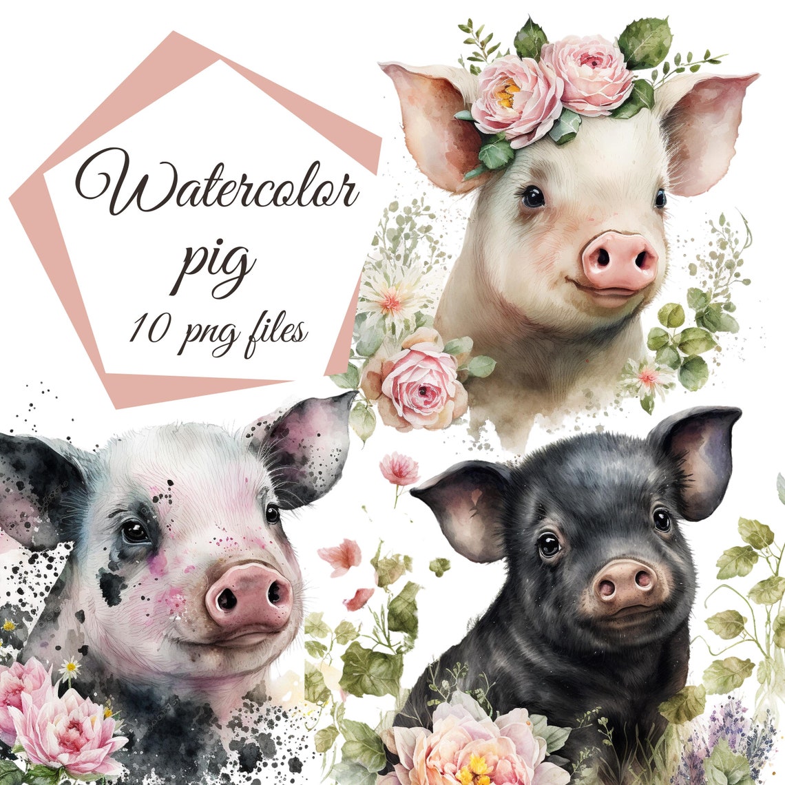 Watercolor Pig Clipart, Cute Pig Clipart,piglet Clipart, Black Pig ...