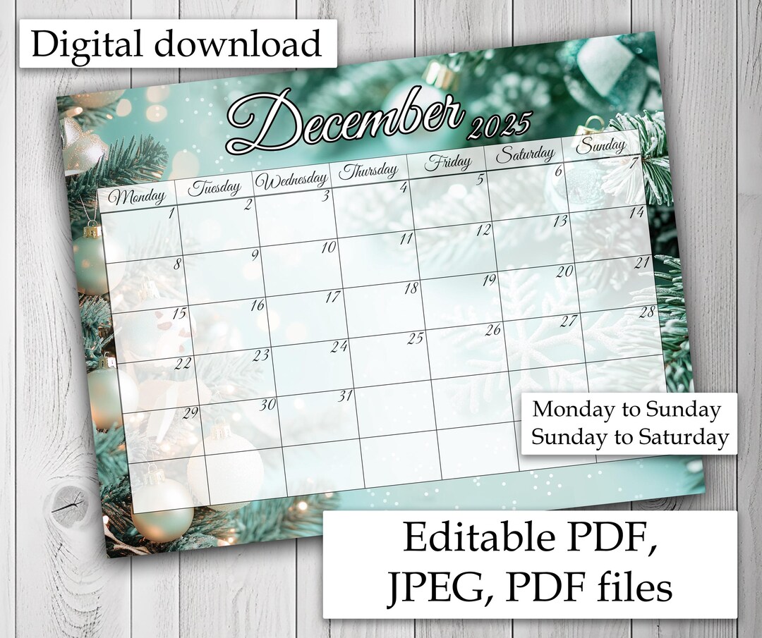 EDITABLE December 2025 Calendar, Christmas Calendar, Fillable Calendar ...