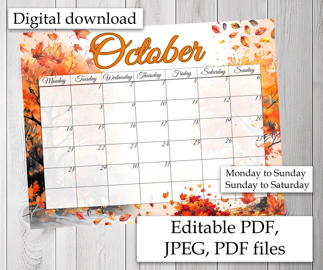 EDITABLE October 2024 Calendar, Autumn Calendar, Fillable Calendar ...