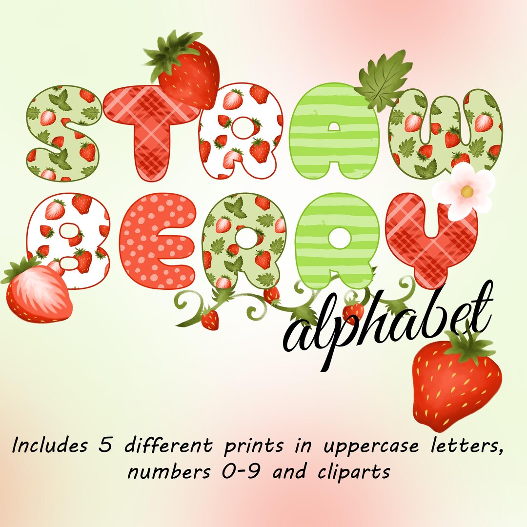 Strawberry Doodle Alphabet Clipart, Strawberry Clipart, Strawberry ...