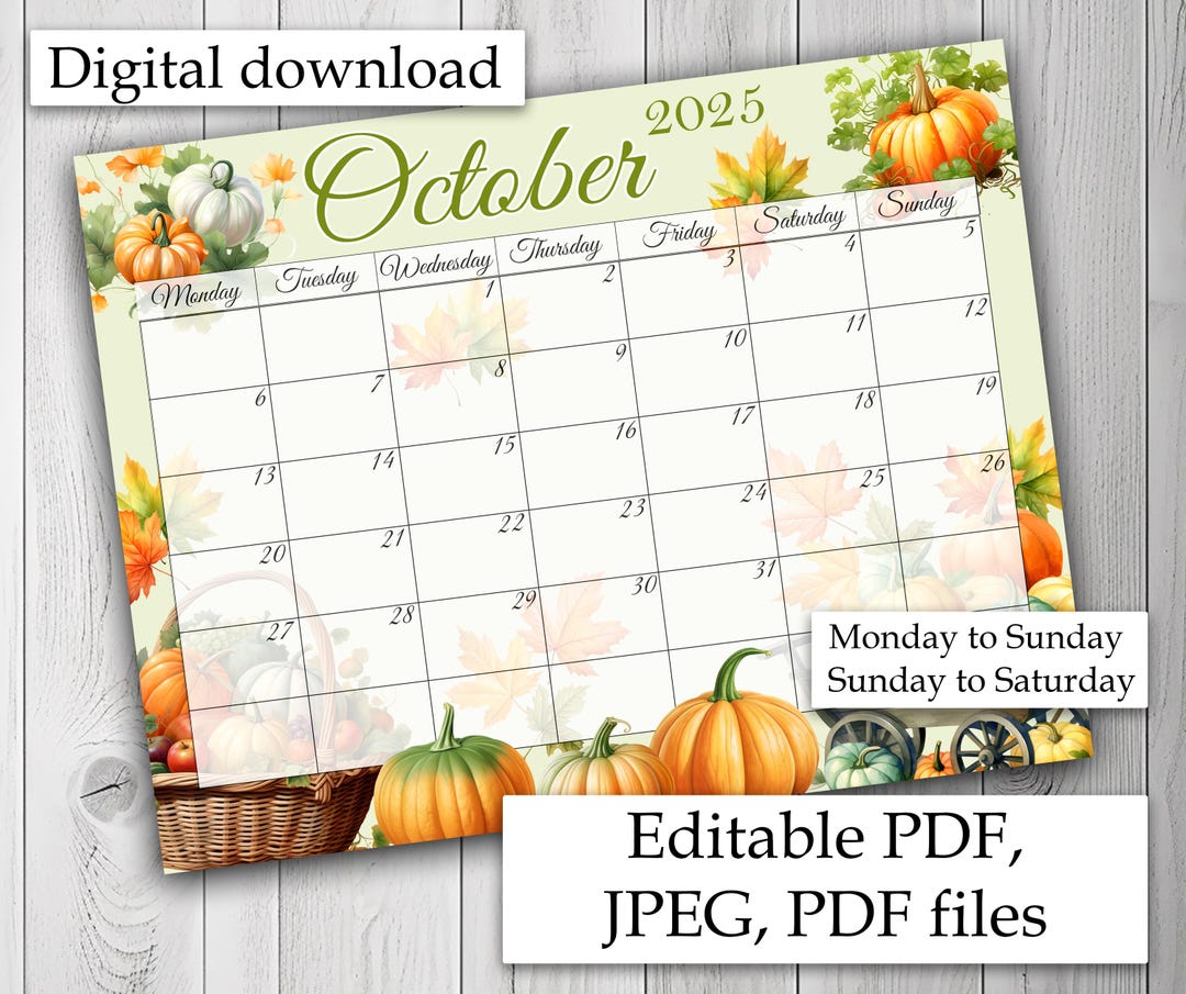 EDITABLE October 2025 Calendar, Autumn Calendar, Pumpkin Calendar ...