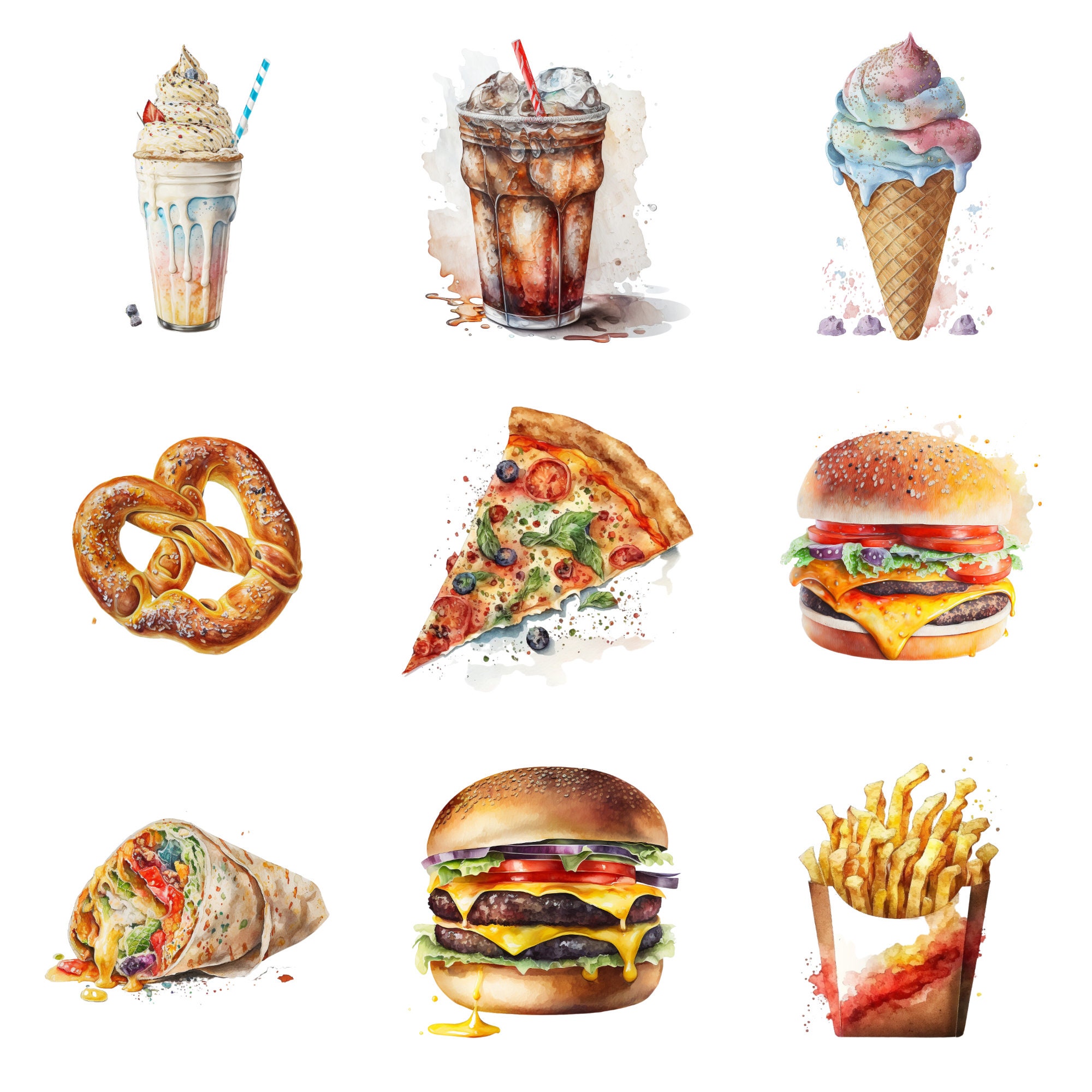 Fast Food Clipart, Watercolor Fast Food Illustration, Hamburger ...