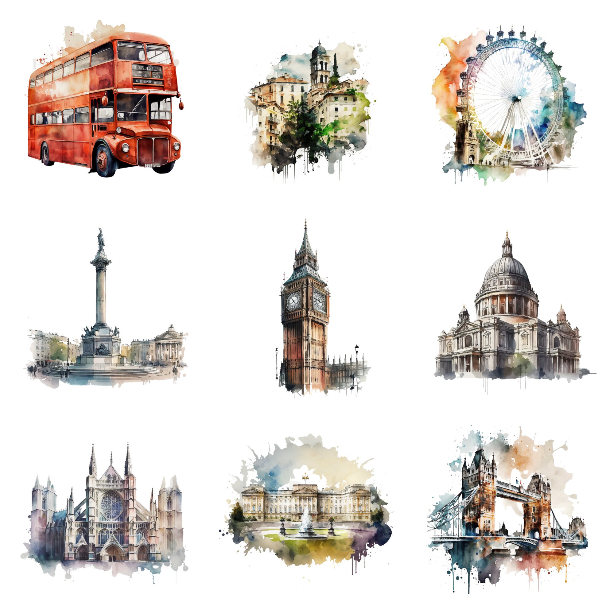 London Clipart, Britain Clipart, Watercolor London, Sighseeing Clipart ...