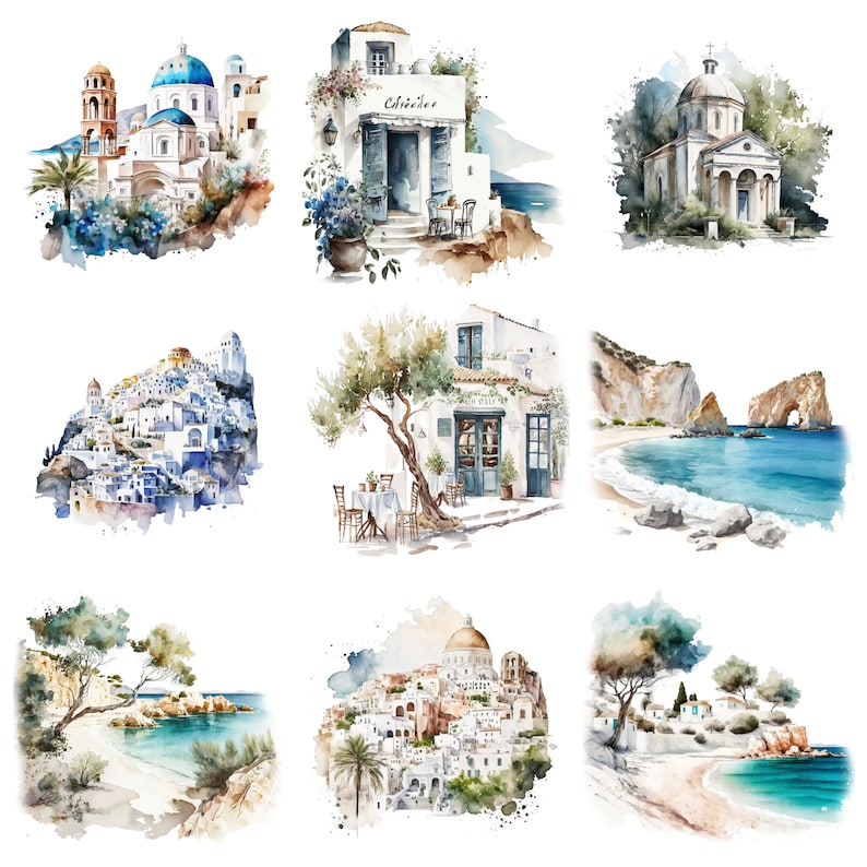 Greece Clipart, Watercolor Greece Illustration, Travel Clipart, Travel ...