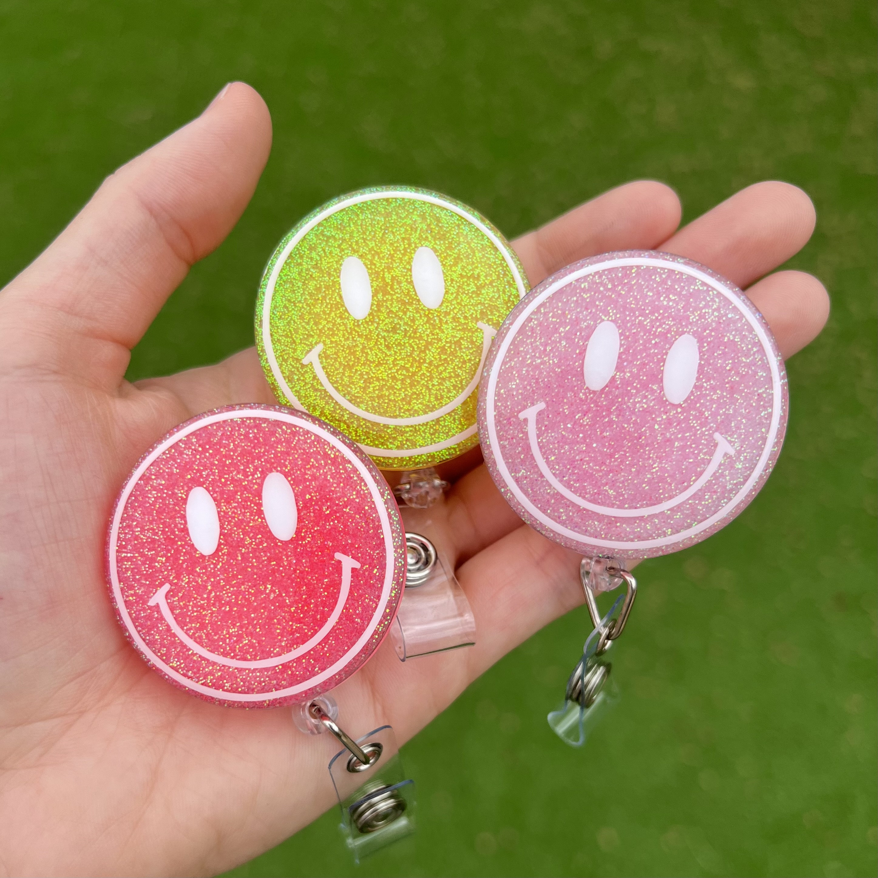 Happy Face Badge Reel | Smile| Glitter - Etsy