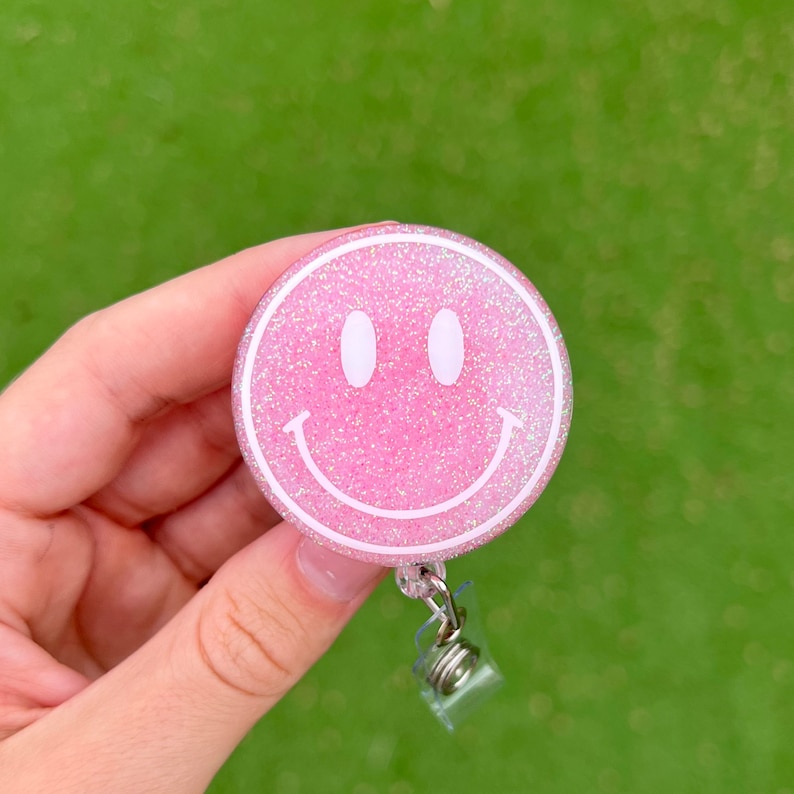 Happy Face Badge Reel | Smile| Glitter - Etsy