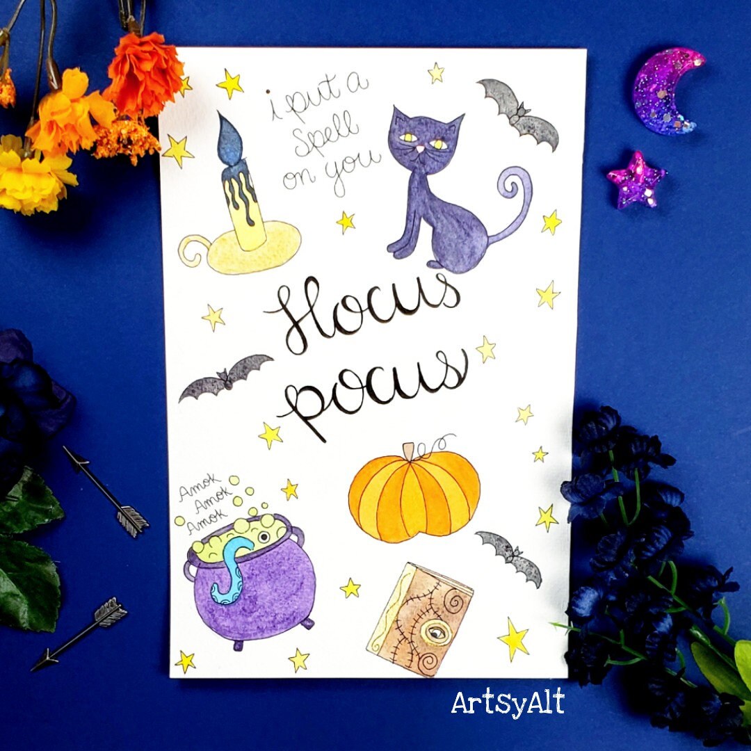 Hocus Pocus Doodle Original Watercolor Halloween Art Halloween Decor ...