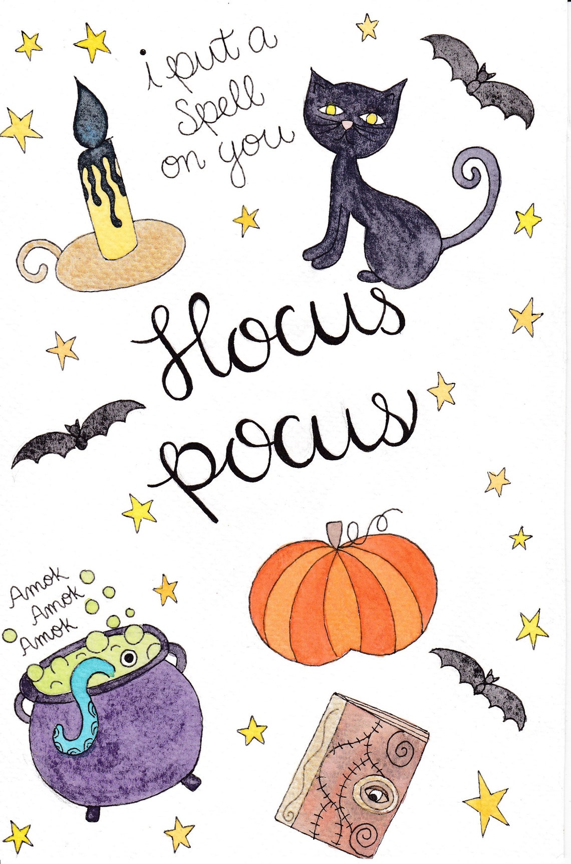 Hocus Pocus Doodle Original Watercolor Halloween Art Halloween Decor ...