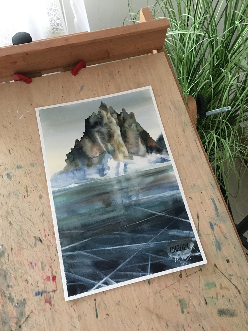 Lake Baikal Painting, Frozen Winter Landscape, Original Watercolor Art ...