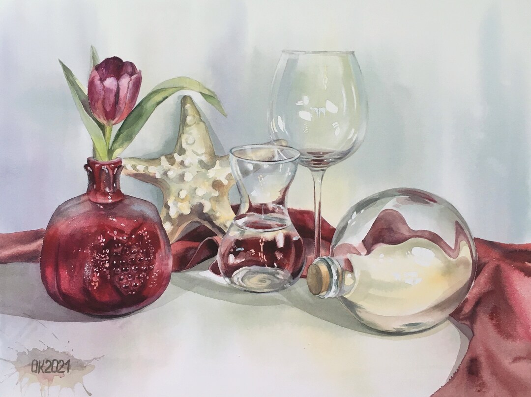 Still Life With Glass Fine Art Print Painting, Watercolor, Horizontal ...