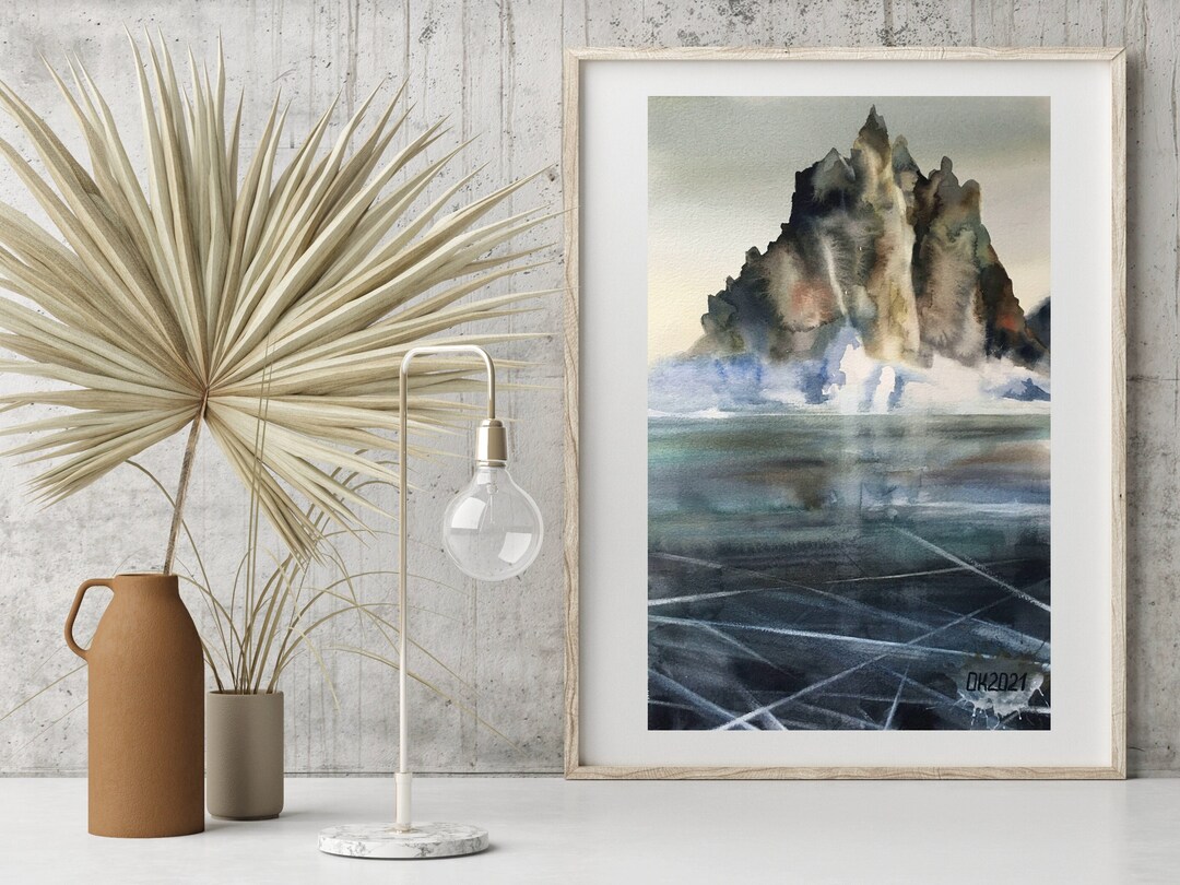 Lake Baikal Painting, Frozen Winter Landscape, Original Watercolor Art ...