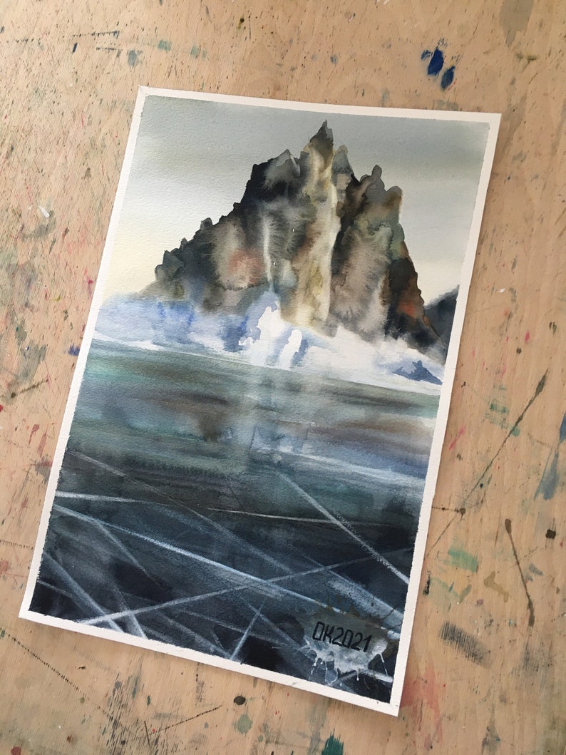 Lake Baikal Painting, Frozen Winter Landscape, Original Watercolor Art ...