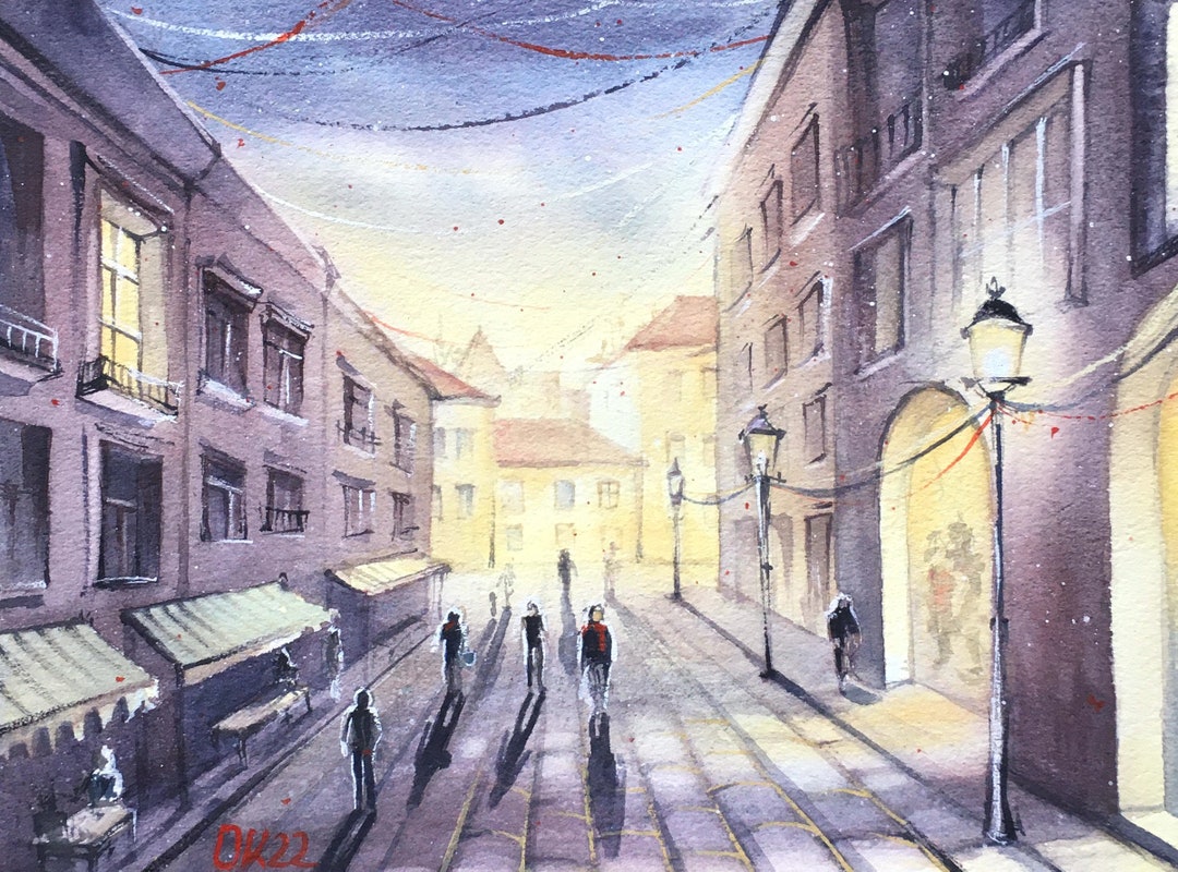 European City Hand Painted ORIGINAL Watercolor Painting, Sunset City ...
