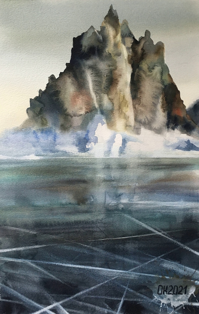 Lake Baikal Painting, Frozen Winter Landscape, Original Watercolor Art ...