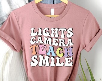 Lights Camera Teach Smile Shirt Png, Groovy Teacher Svg, Funny Teacher ...